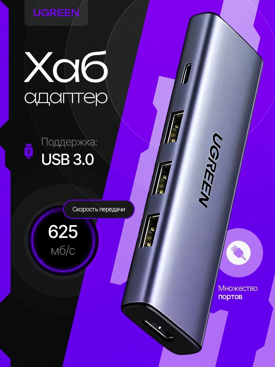 USB HUB с Type-C UGREEN CM511 (15596), USB-C+PD, HDMI, 3*USB 3.0, серый. HUB Разветвитель