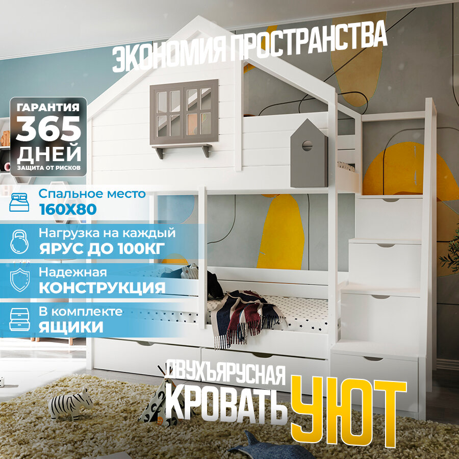 Двухъярусная кровать "Уют", в комплекте с выкатными ящиками, спальное место 160х80, в белом цвете, из массива