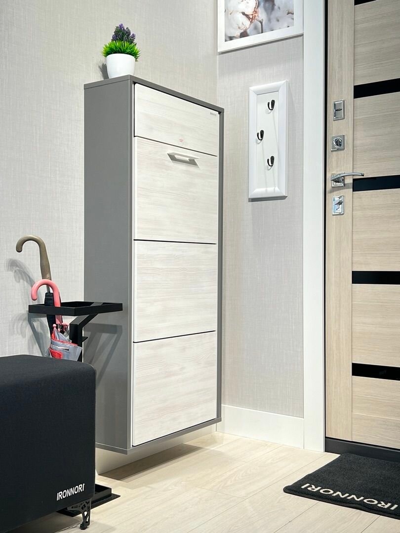 Обувница в прихожую IRONNORI Лайт Плюс 3 секции, Лофт/Выбеленное дерево, профиль белый, 121х54.5х20 см