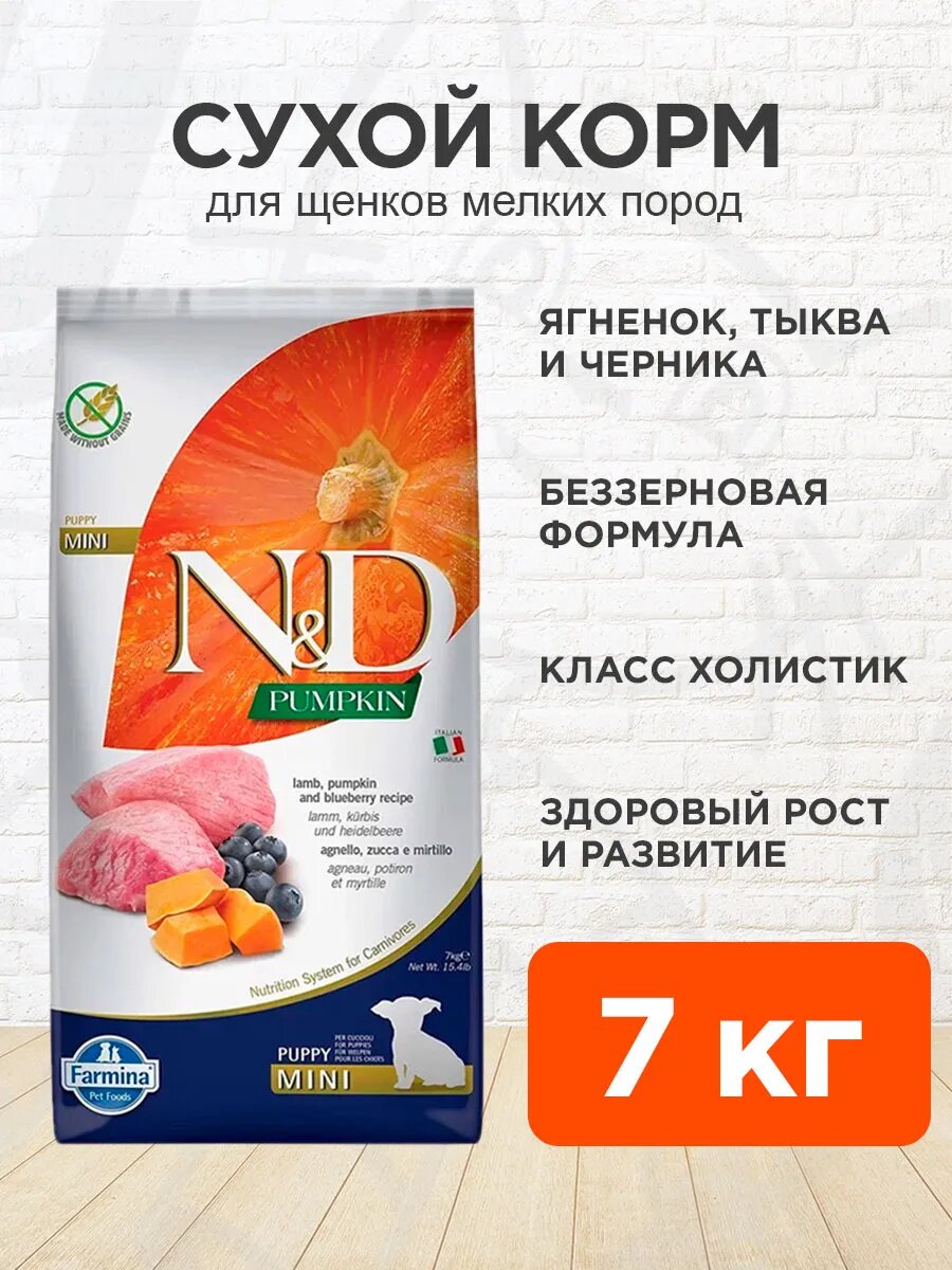 Корм сухой Farmina Dog N&D Grain Free Pumpkin Puppy Mini Lamb & Blueberry для щенков с ягненком, 7 кг