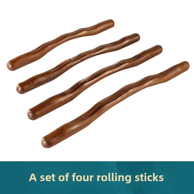 Beech Wooden Tendon Rolling Stick Household Scraping Stick One Universal Exercise Stick Tool Special Drying Tendon Stick Massage Stick (set of 4 + 100ml scraping oil)