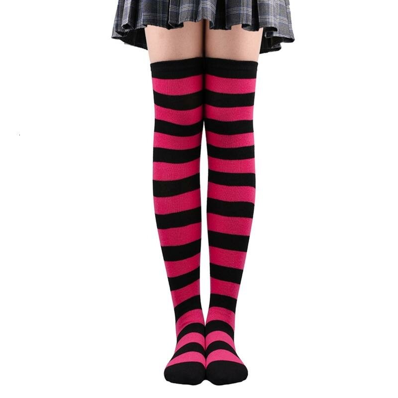 Чулки высокие японского стиля с полосками, Розово-красный черный ширина