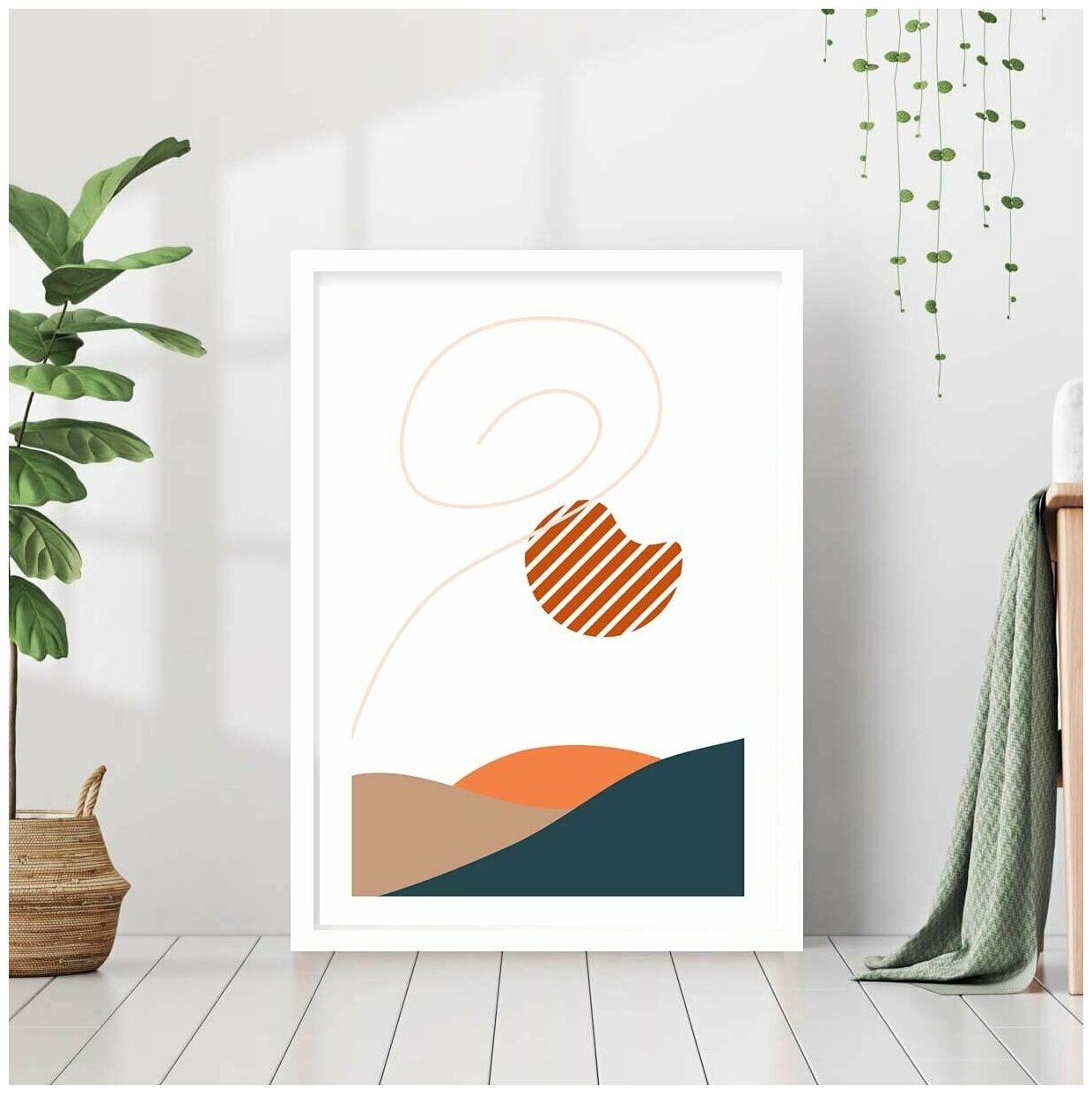 Постер "Пейзаж абстракция солнце горы в стиле бохо" 50x70 в белой рамке для интерьера на стену