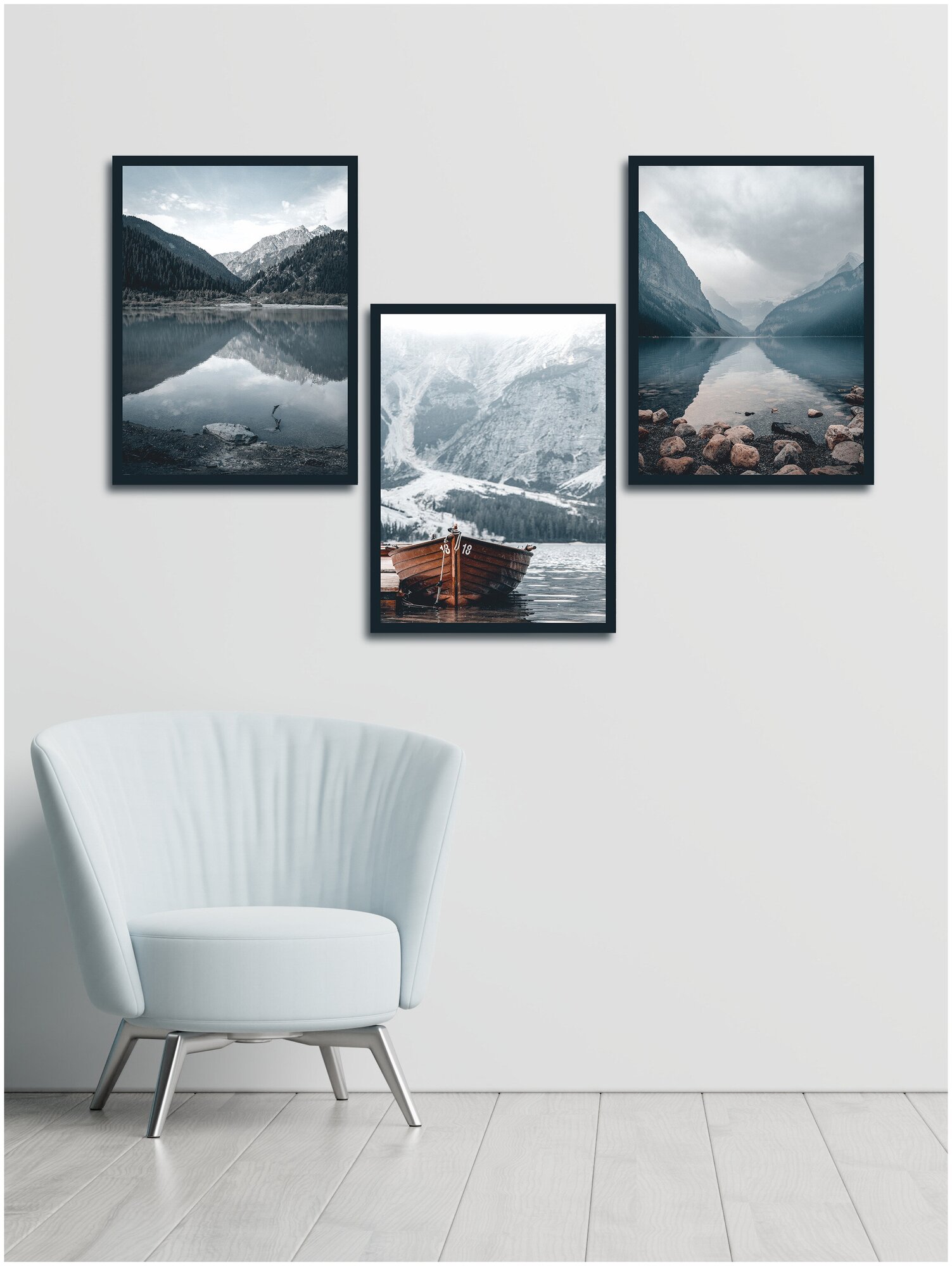 Постеры для интерьера / на стену в комнату, набор постеров Горный пейзаж, озеро, лодка, 3 шт, 30х40 см, Мир Печатей
