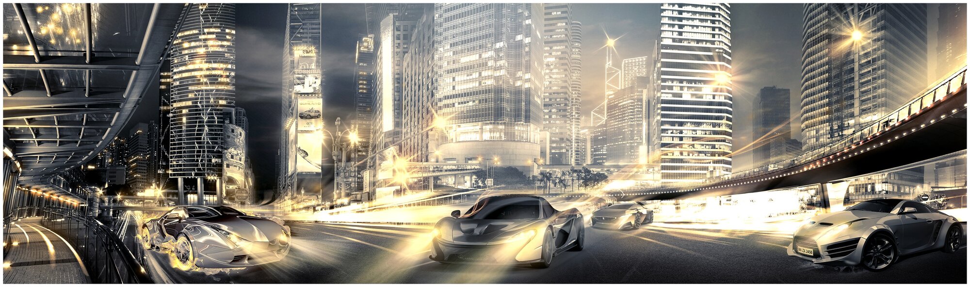 Фотообои Уютная стена "Гонки в ночном городе", флизелиновые, 950х270 см