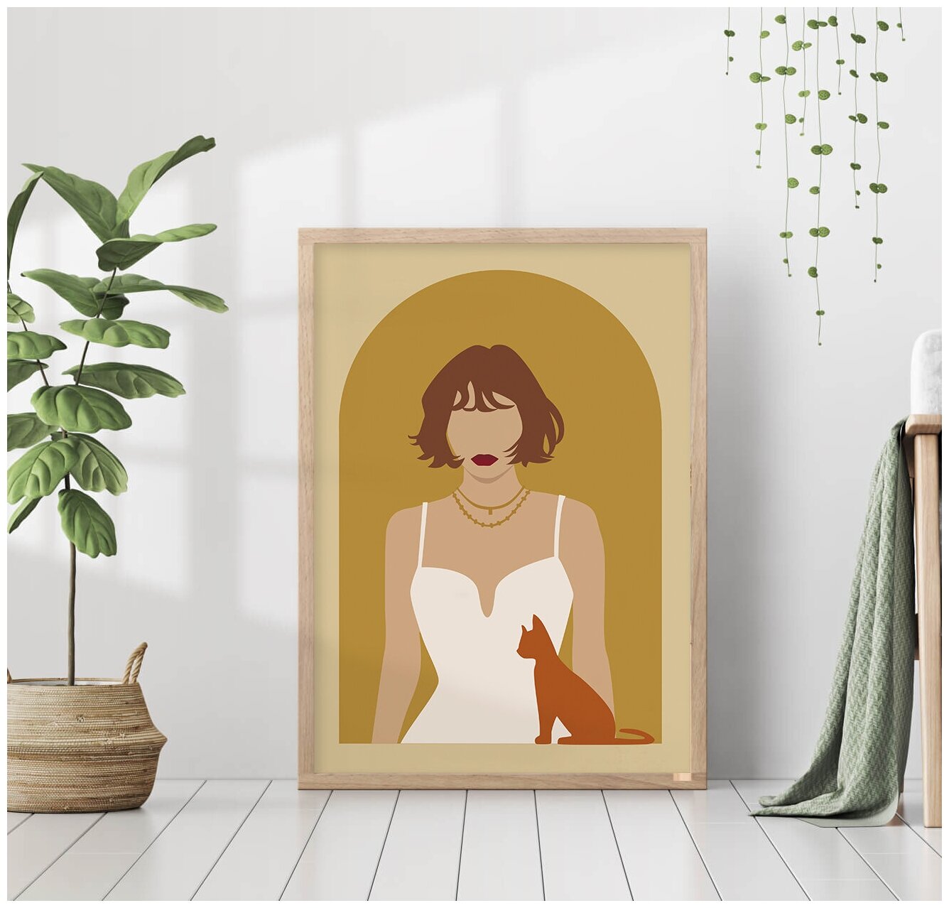 Постер "Женщина в белом платье с котом в арке. Минимализм. Стиль бохо" 50x70 без рамки на стену для интерьера