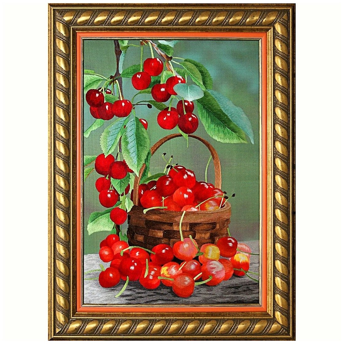 Декоративная настенная картина Живой Шелк Вишни в корзине, вышивка шелком ручной работы с 3D эффектом, см 55х74х3/в багете