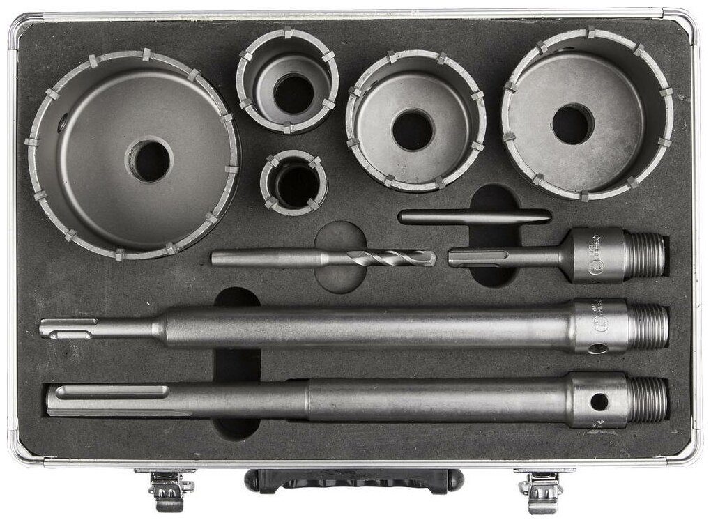 Набор коронок по бетону с оснасткой ЗУБР Профессионал d 33 50 68 82 100 мм с кейсом и твердосплавными зубьями ВК85