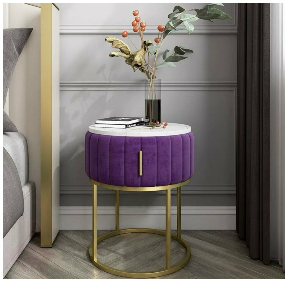 Круглая прикроватная тумбочка со столешницей из искусственного мрамора (Фиолетовый)