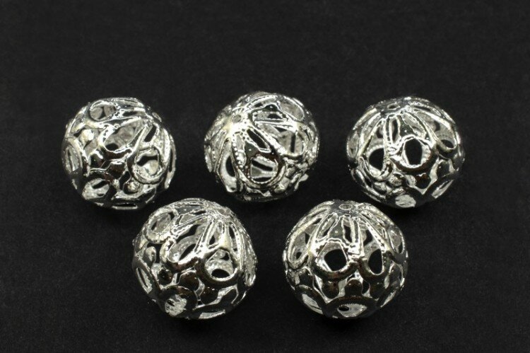 Бусина металлическая ажурная 18мм, отверстие 1мм, цвет серебро, 504-012, 5шт