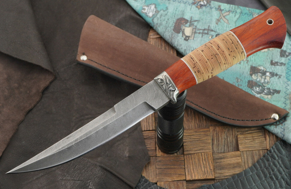 Нож Антарес Сайга, клинок дамаск, рукоять мельхиор/падук/береста