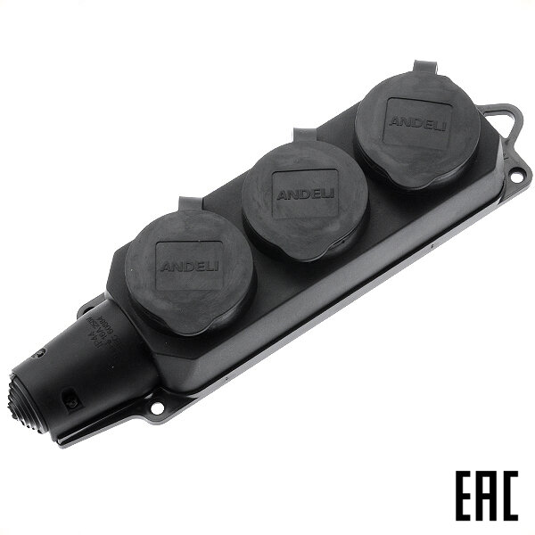 Блок AM-K03 3 розетки "евр" кабельный с крышками резиновый черный IP44 ADL13-060 Andeli