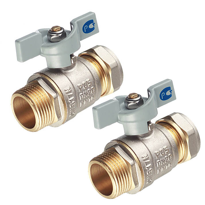 Кран шаровой латунный 20 обж(ц) х 3/4 НР(ш) для металлопластиковых труб бабочка прямой (2 шт.)