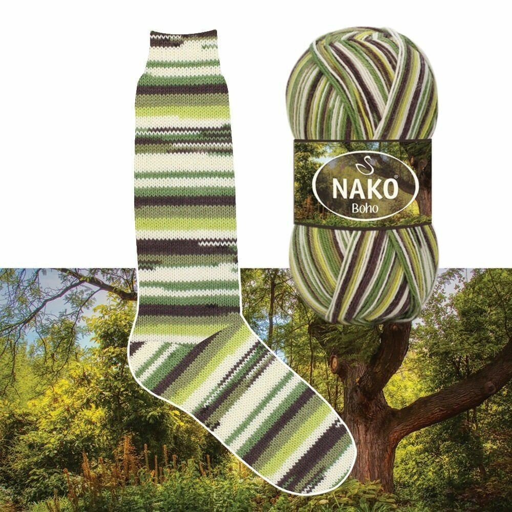Пряжа Boho Nako, принт - 82168, 75% шерсть, 25% полиамид, 5 мотков, 100 г, 400 м.