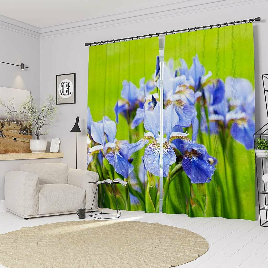 Шторы в гостиную спальню детскую с рисунком цветы Фотошторы комплект "Ирисы" 150x295 см. 2шт. Габардин на тесьме