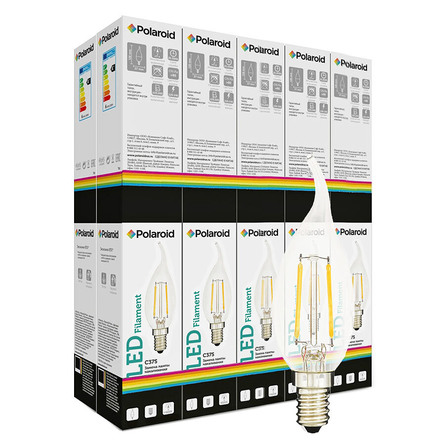 Филаментная светодиодная лампа Polaroid 220V C37S FIL 4W 3000K E14 470lm (20 шт.)