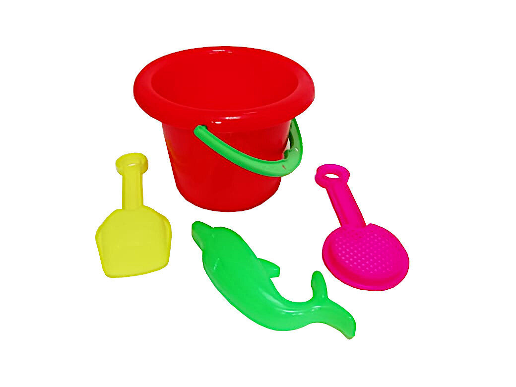 Песочный набор: ведро мал, совок, сито, формочка в сетке/ведро мал, совок, грабли, формочка в сетке, красный