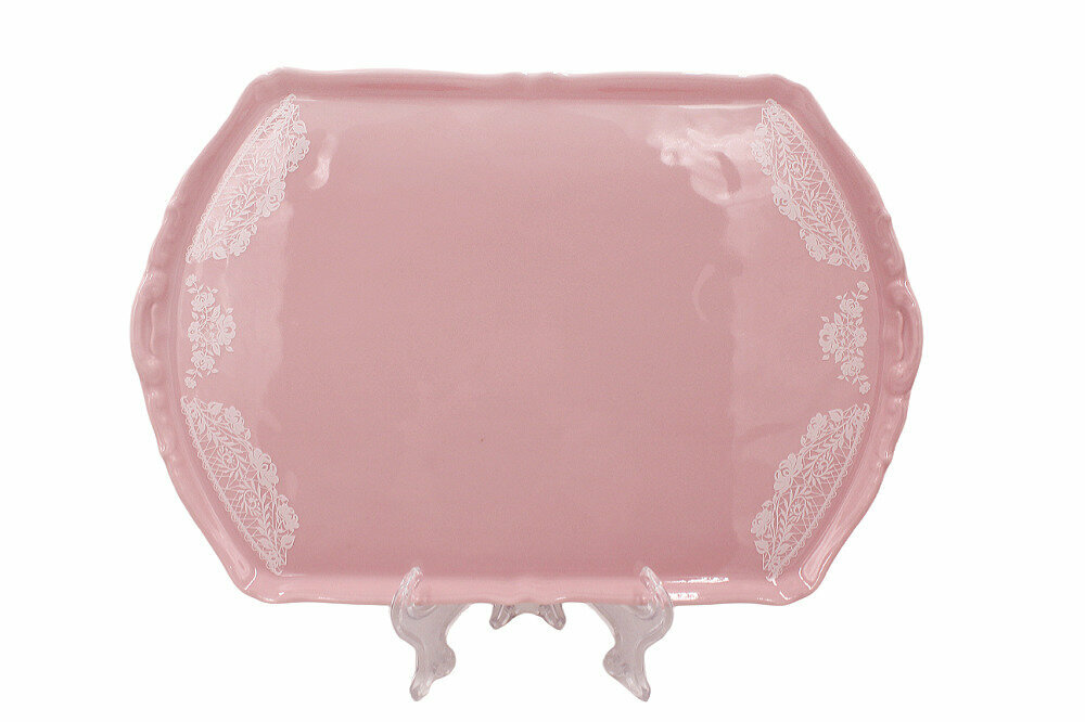 Поднос четырехгранный Leander. Соната "Белые узоры", розовый фарфор 28 см.