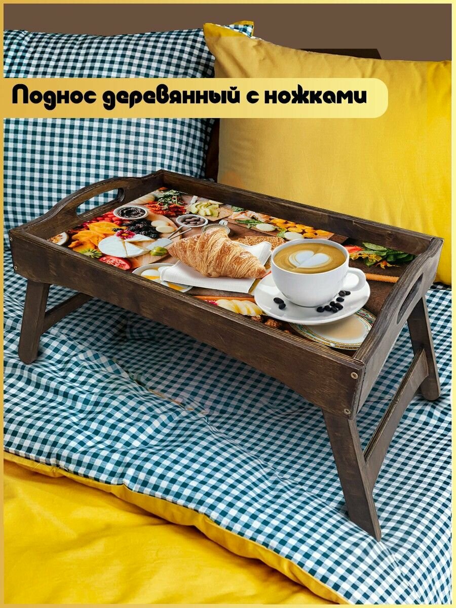 Деревянный поднос на ножках с рисунком еда - 264