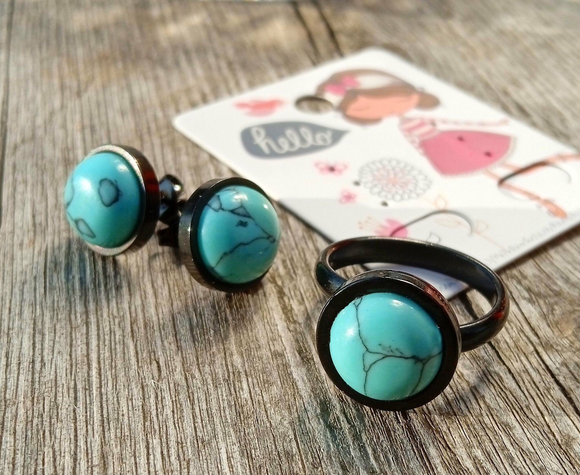 Комплект бижутерии: серьги, кольцо, бирюза