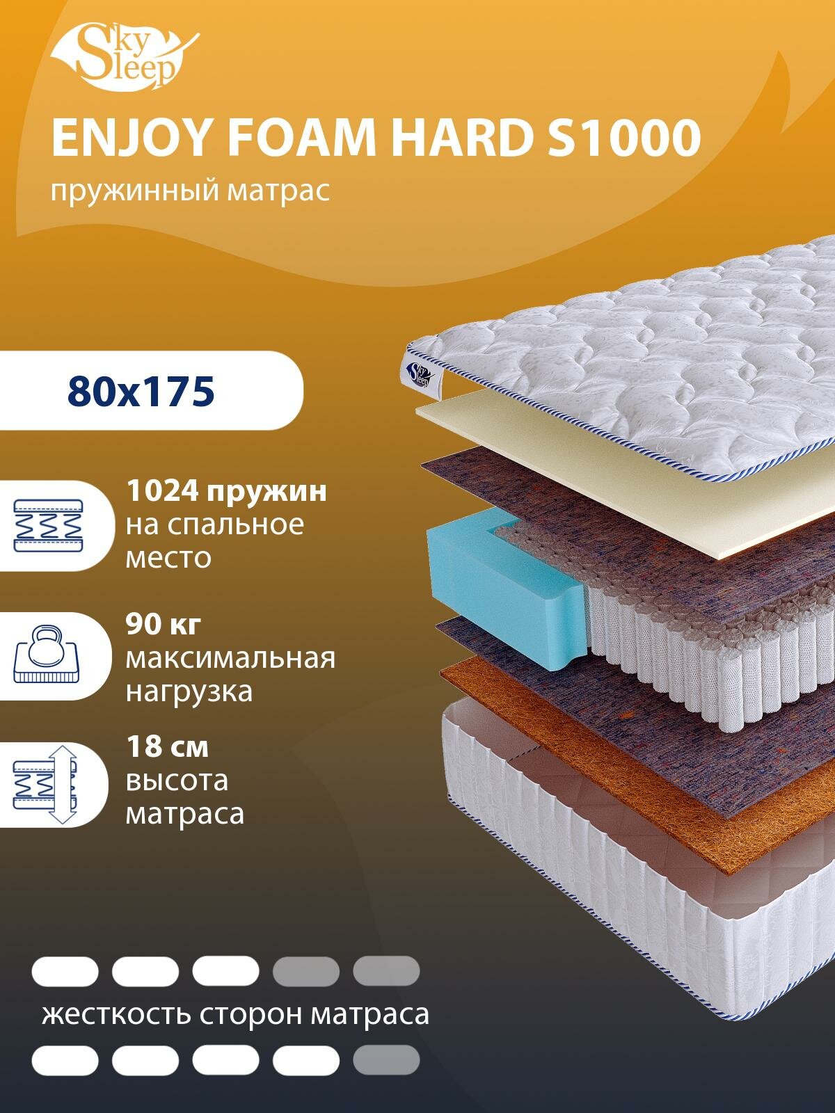 Ортопедический матрас SkySleep с независимыми пружинами ENJOY FOAM HARD S1000 на кровать 80x175