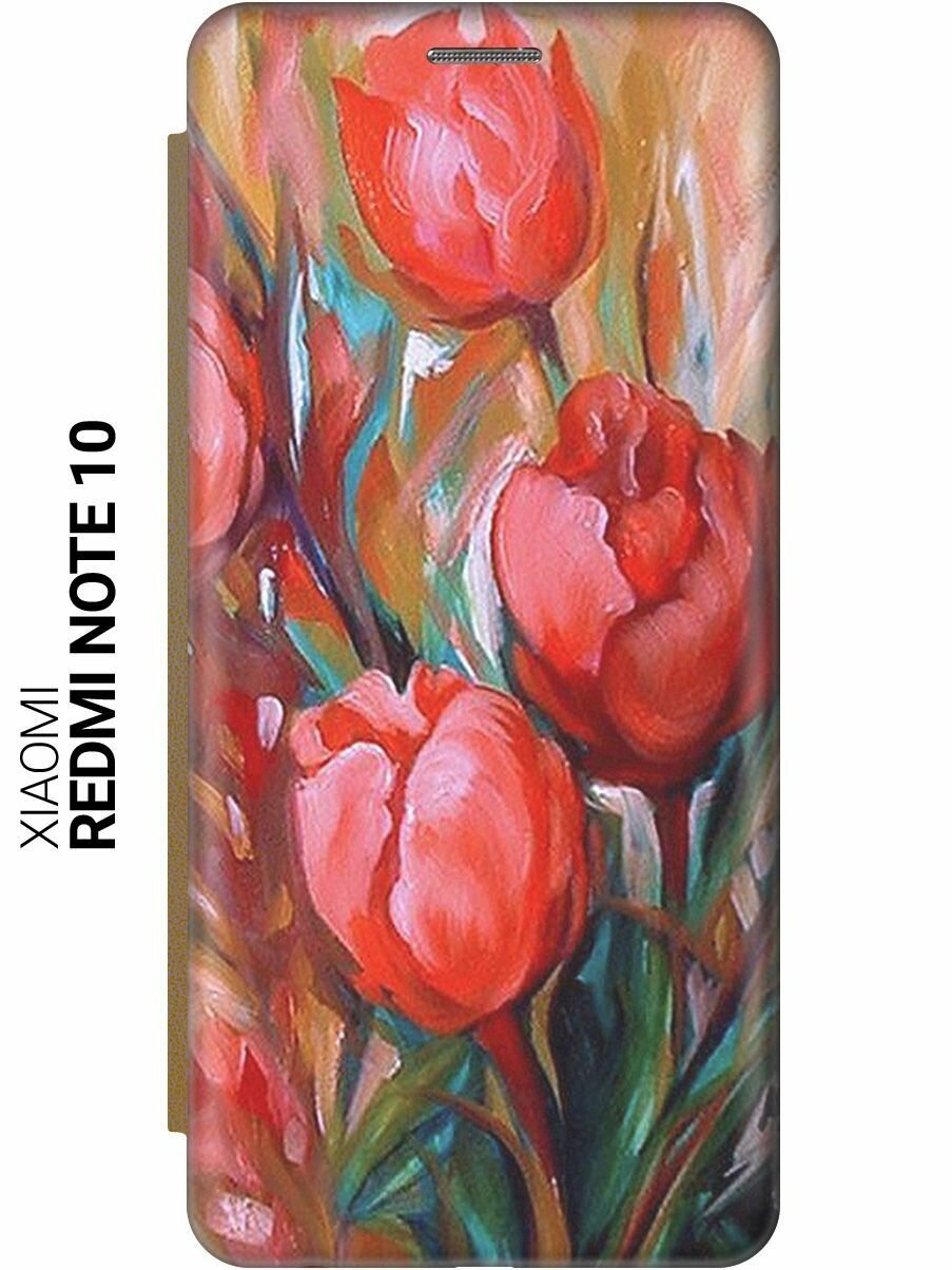 Чехол-книжка на Xiaomi Redmi Note 10, Note 10S, Сяоми Редми Ноут 10, Ноут 10С c принтом "Тюльпаны" золотистый