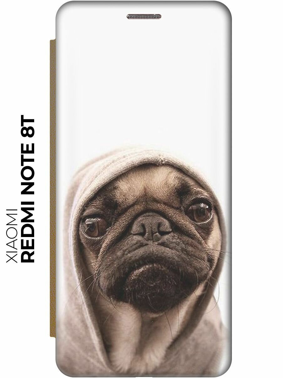 Чехол-книжка Мопс в капюшоне на Xiaomi Redmi Note 8T / Сяоми Редми Ноут 8Т золотой