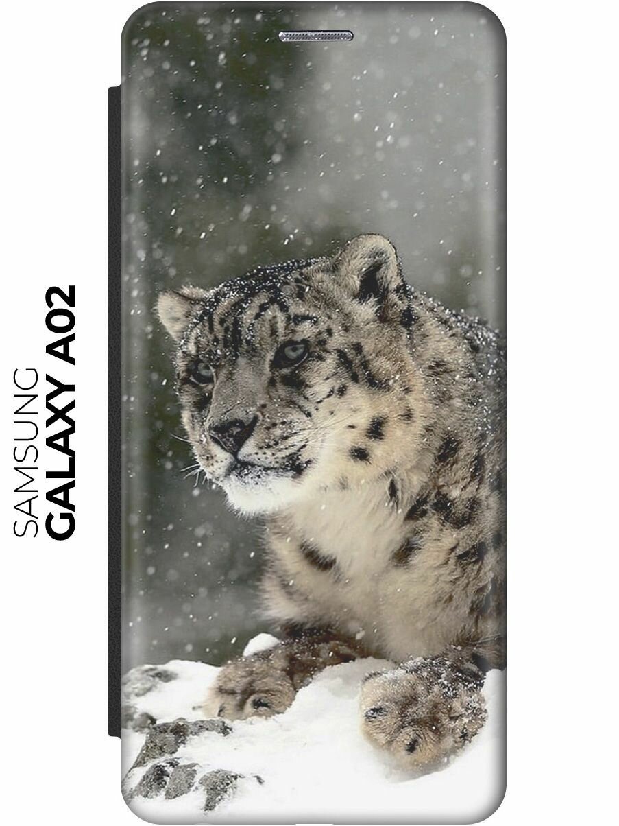 Чехол-книжка Барс и падающий снег на Samsung Galaxy A02 / Самсунг А02 черный
