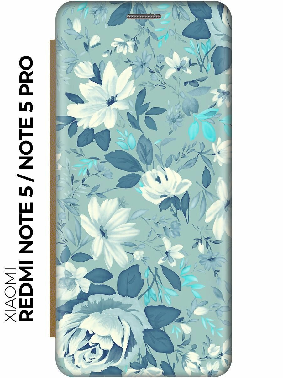 Чехол-книжка Цветы на голубом на Xiaomi Redmi Note 5 / Note 5 Pro / Сяоми Редми Ноут 5 / Ноут 5 Про золотой