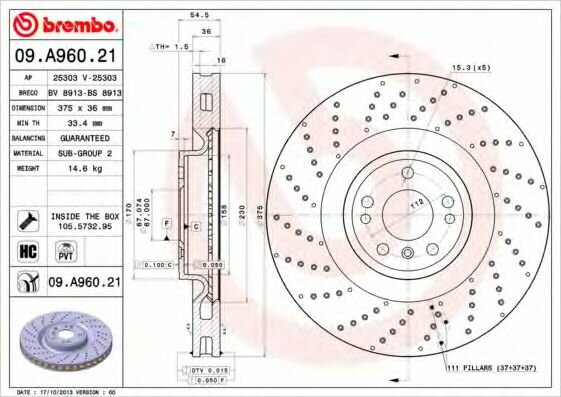 Диск тормозной UV Coated перед Brembo 09. A960.21