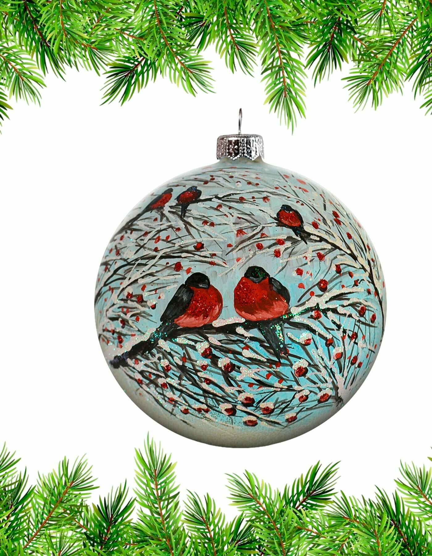 Елочный шар "Снегири на ветке с ягодами"