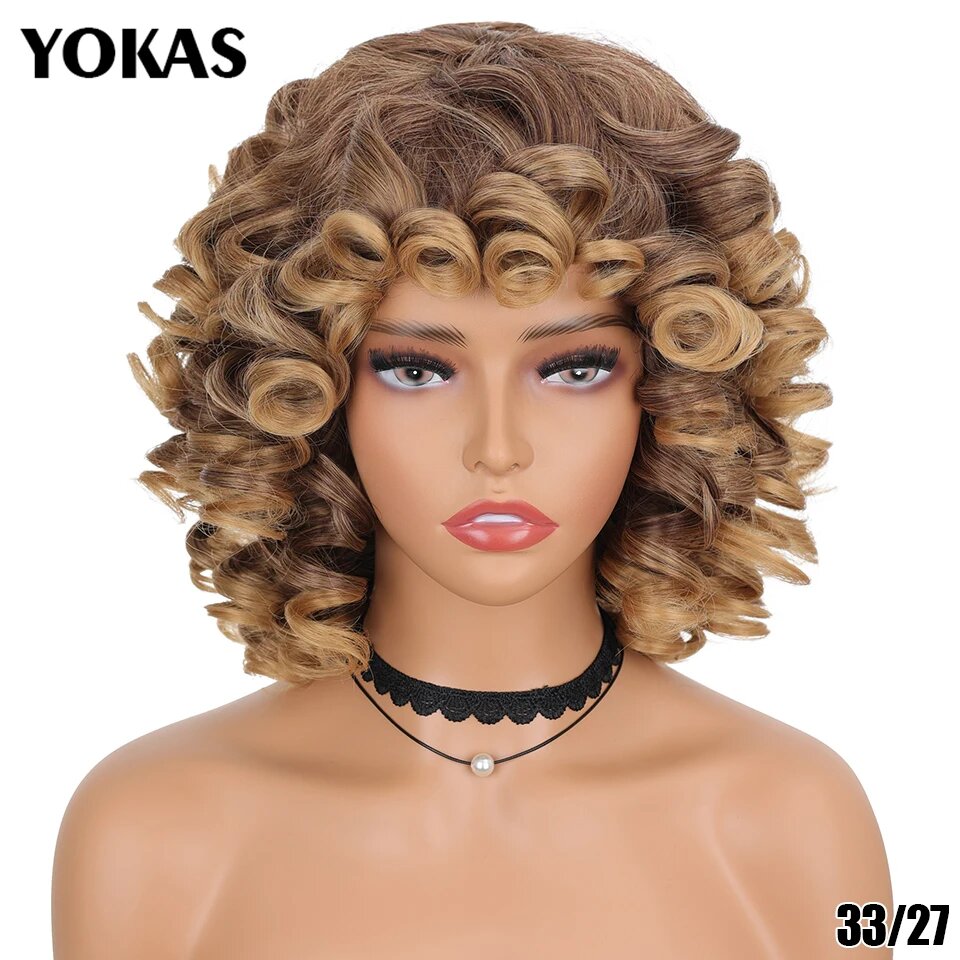 YOKAS синтетические короткие афро-кудрявые парики с челкой коричневые 33-27