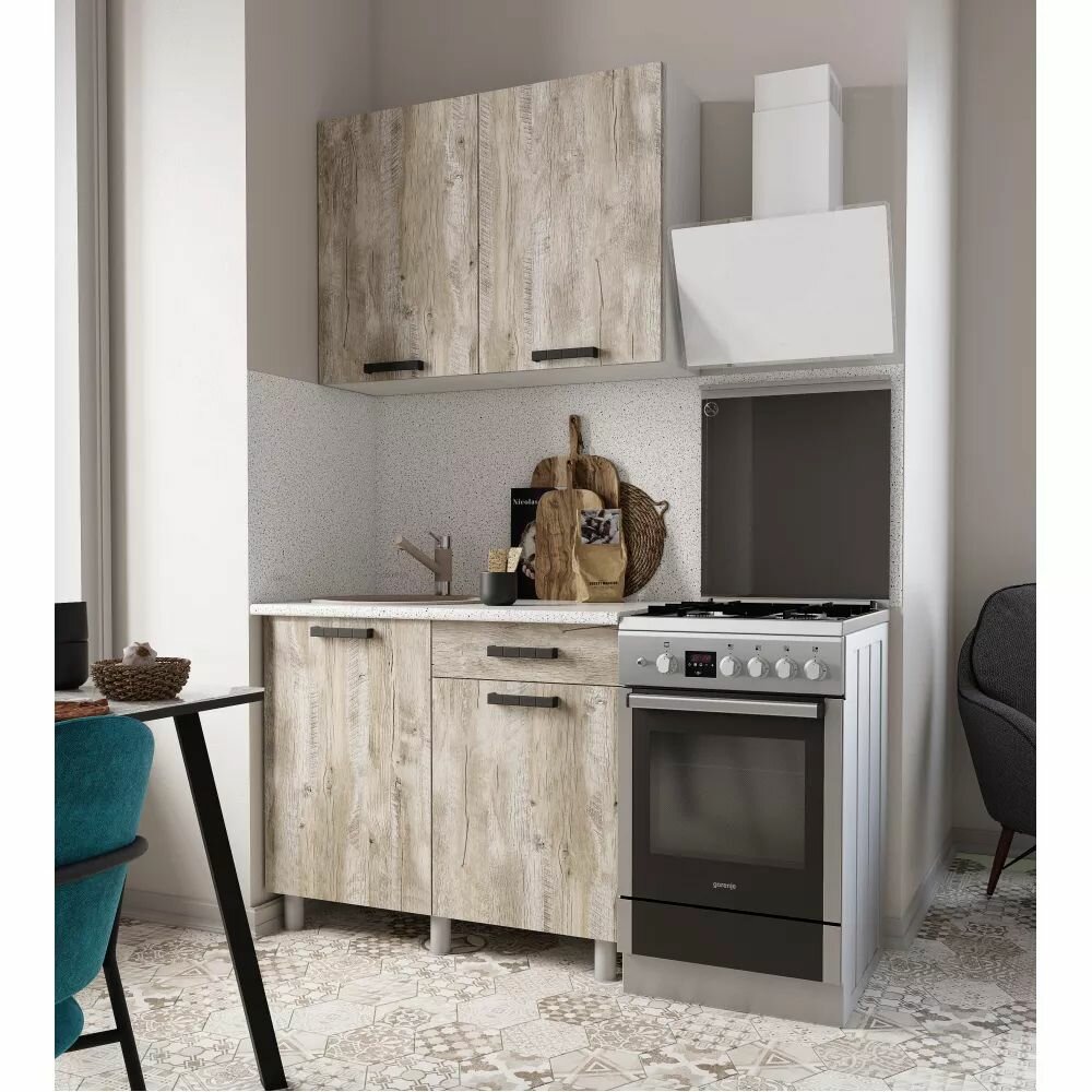 Кухонный гарнитур (кухня) Нагано 1м , ЛДСП фасад Дуб Юкон , корпус Белый с теснением древесные поры ЛДСП, столешница Антарес 26 мм 1000х2160х600 тэкс