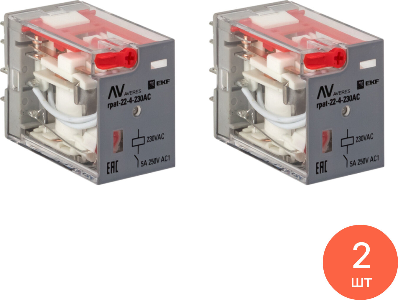Реле промежуточное EKF / ЕКФ Averes RPAt 22/4 с кнопкой и механической индикацией, 20.3x28x35мм, 5А 230В АС, rpat-22-4-230AC / электрика (комплект из 2 шт)