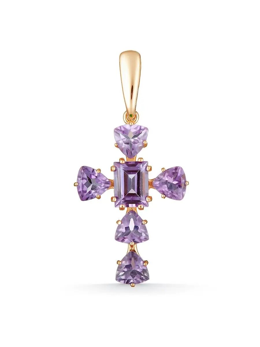 Крестик, красное золото, 585 проба, бриллиант, аметист