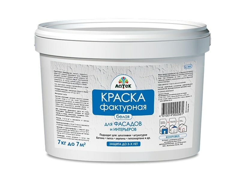 Краска для Фасадов и Интерьеров Латек Л 305 7кг Белая, Фактурная .