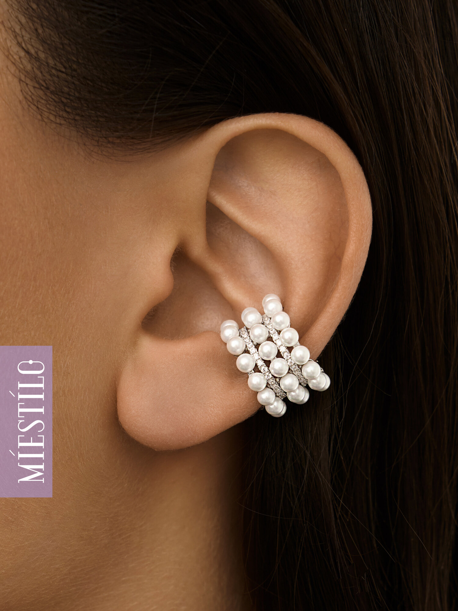 Кафф, серебро, 925 проба, родирование, жемчуг имитация