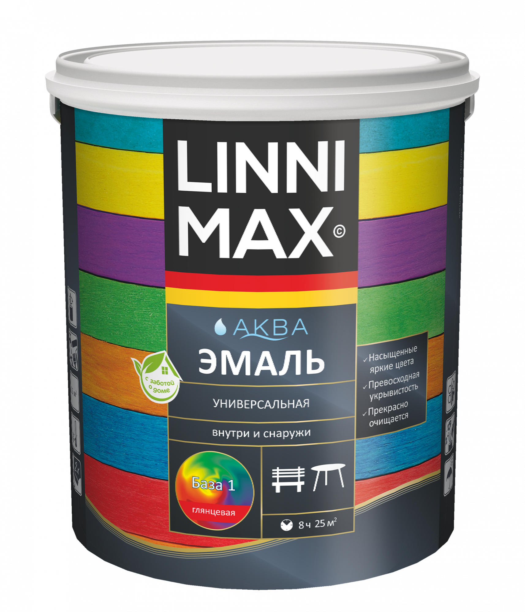 Эмаль LINNIMAX аква акриловая универсальная атмосферостойкая для наружных и внутренних работ, глянцевая, база 1 (2,5л)
