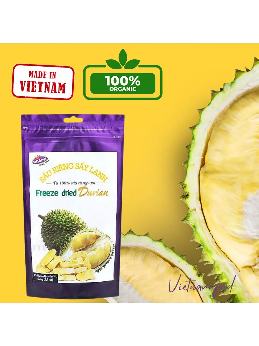 Сушеный дуриан Vietexport, Freeze Dried, во Вьетнаме, мягкий, экзотический вкус, 100%, без ГМО