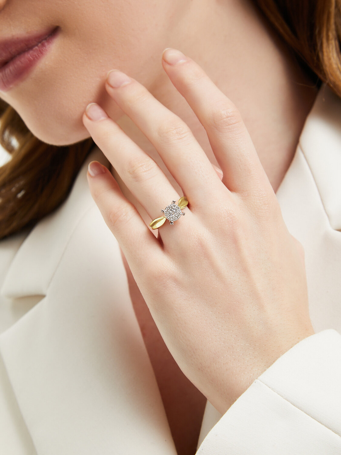 Кольцо, комбинированное, желтое, белое золото, 585 проба, родирование, золочение, бриллиант