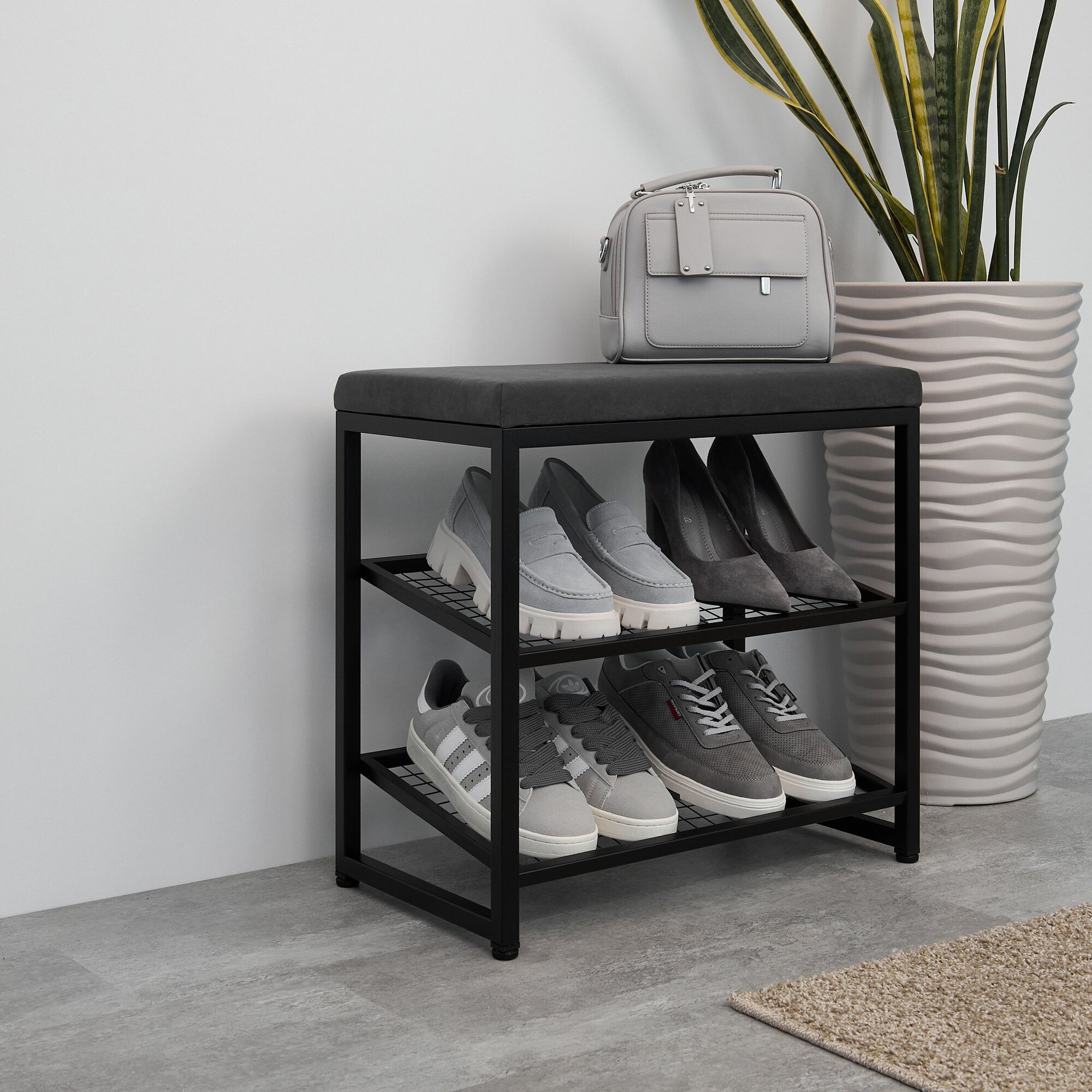 Обувница с мягким сиденьем "Энни" / 55х30х52см / черный каркас - графит велюр