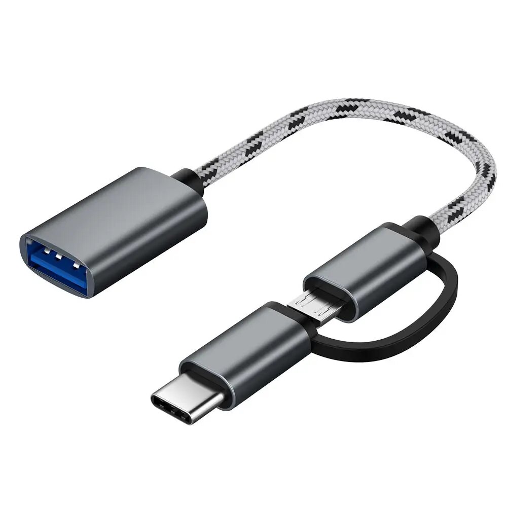 Кабель-адаптер 2 в 1 с портом Type-C «папа» + Micro USB «папа» на USB 3,0 «мама» Grey