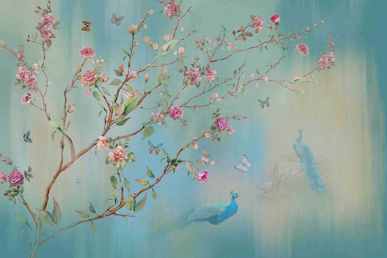 Фотообои Павлины и розовый куст 7-402-S-Флекс 270 x 200 см (ВхШ) Бесшовные, флизелиновые, влагостойкие обои MasterFresok