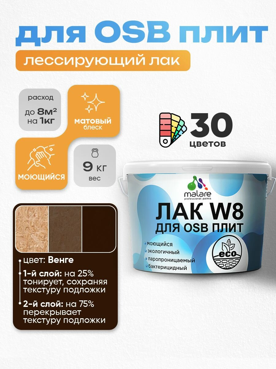 Лак колерованный тонирующий для защиты ОСБ плит Malare W8 для дерева и минеральных поверхностей, паропроницаемый водный без запаха, матовый, венге, 9 кг.