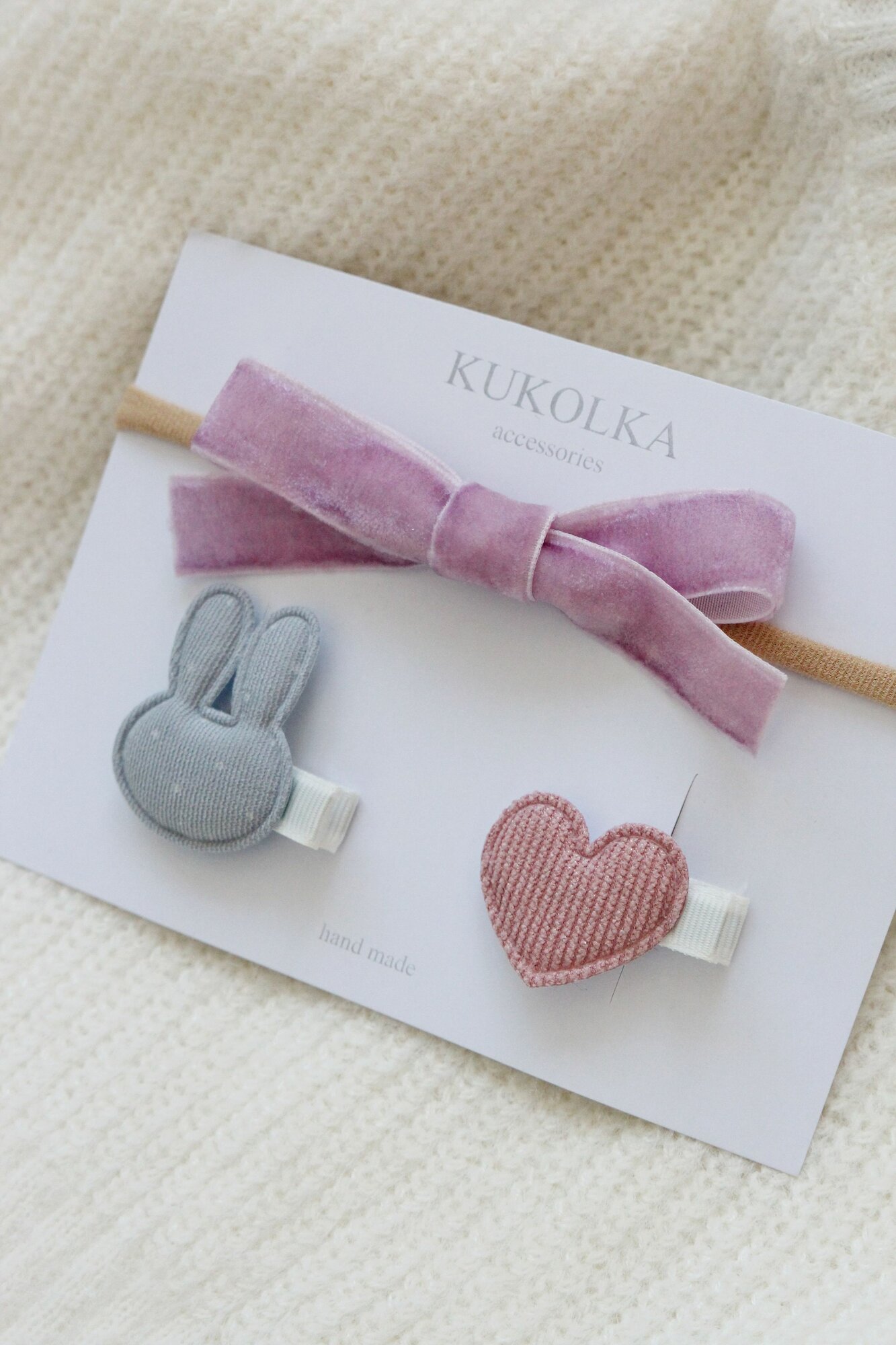 Повязка на голову для малышей, заколки детские. Набор аксессуаров для малышей ручной работы от "KUKOLKA accessories", розовый, фиолетовый, голубой, 3 шт.