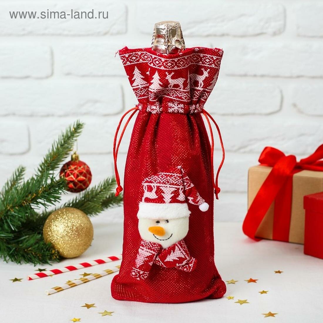 Чехол на бутылку "Снеговик колпак и шарф с рисунком" на завязках M10424B 3303208