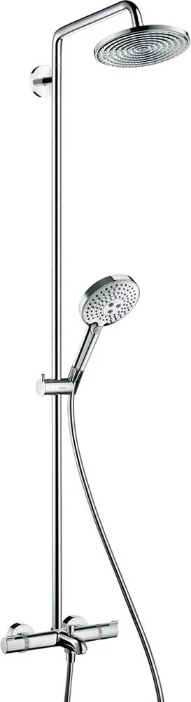 Душевая стойка Hansgrohe Raindance Select S 27117000 со смесителем, термостатическим, хром, глянцевая, душевая система с тропическим душем, с изливом, с лейкой, нержавеющая сталь