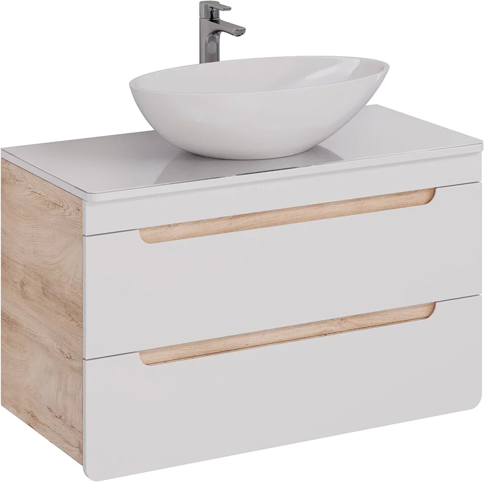 Тумба с раковиной Lemark Olivia 100 подвесная, 95$8 см, со столешницей, белая, светлое дерево, глянцевая, с отверстием под смеситель, из МДФ, с ящиками, раковина для ванной, фарфоровая, овальная