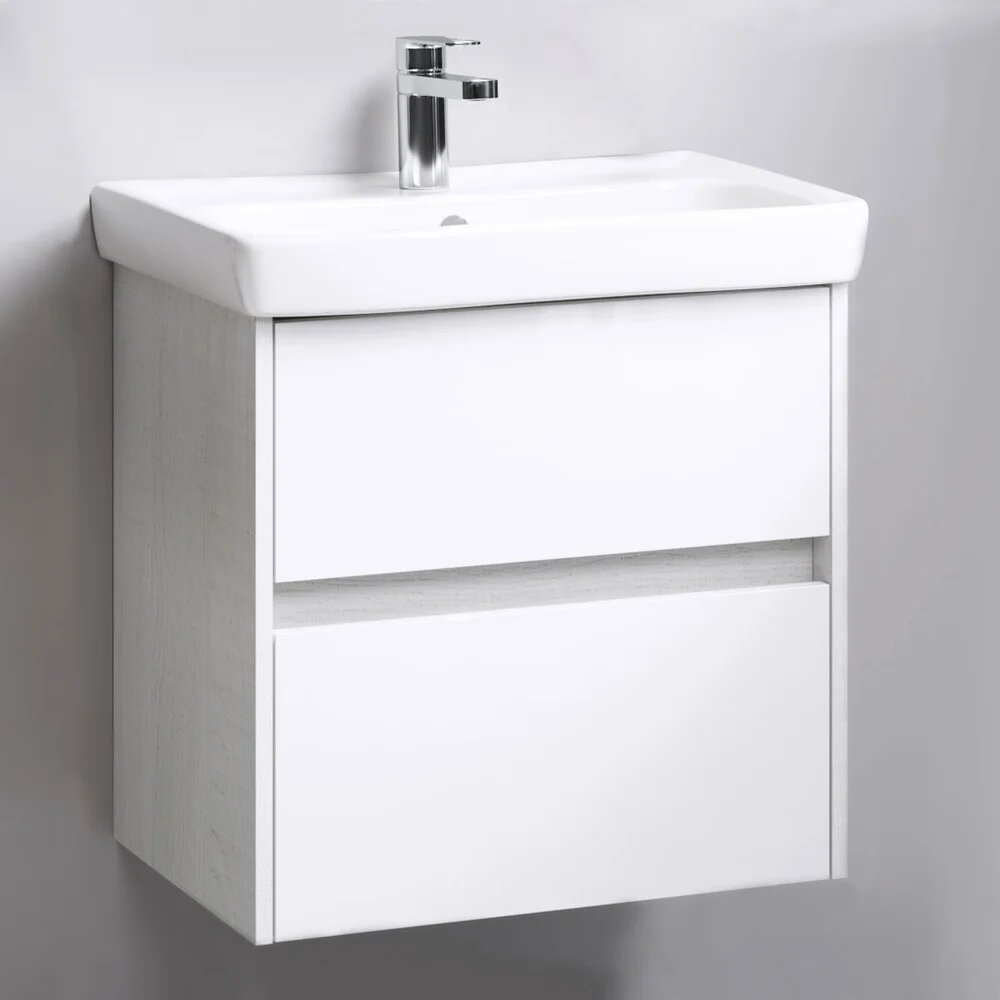 Тумба с раковиной Aqwella City 60 подвесная, 60, 5 см, белая, глянцевая, с ящиками, раковина для ванной фарфоровая, прямоугольная, встроенный слив-перелив