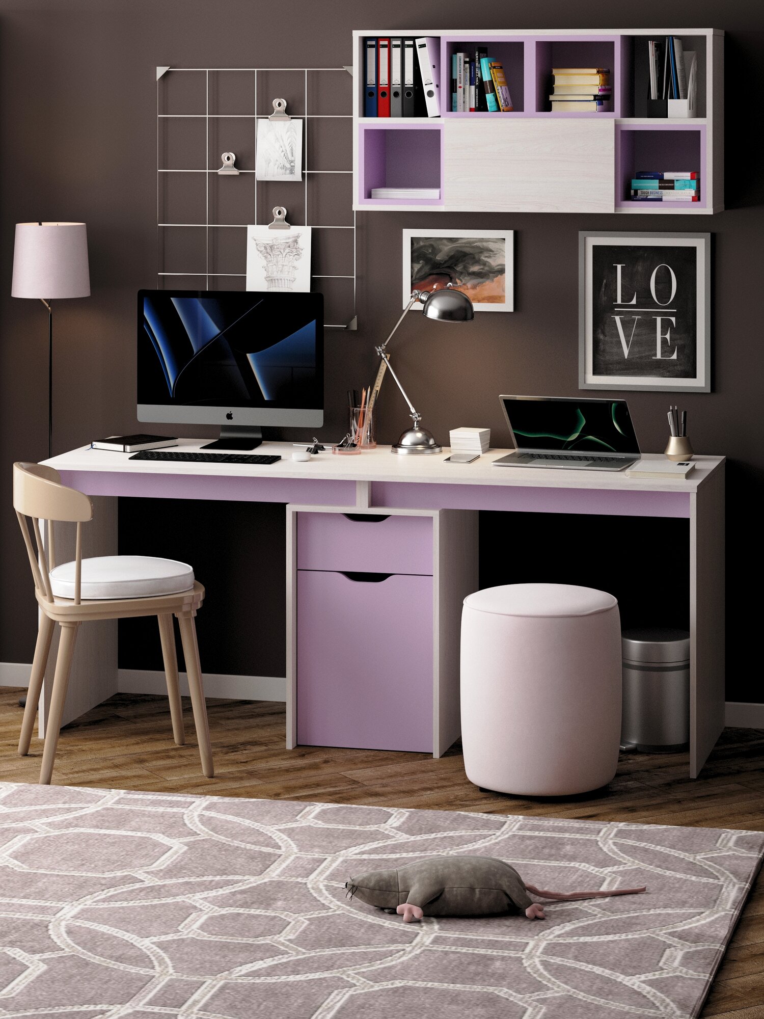 Есэндвич Grand Лаворо 6 Компьютерный стол для двоих, двойной, с тумбой 180х60х75 см (Анкор белый/Ирис)